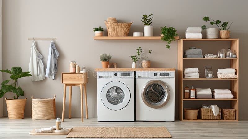 Modern Laundry Room Interior, Front-loading Washing Machine, Organized ...