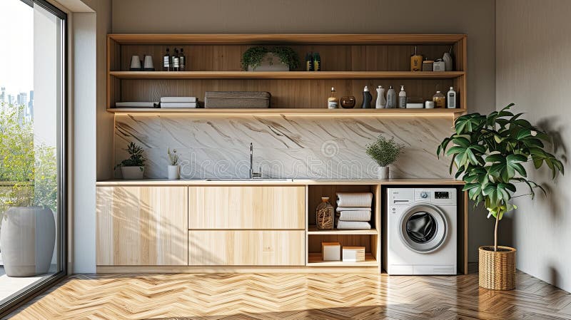 Modern Laundry Room Interior, Front-loading Washing Machine, Organized ...