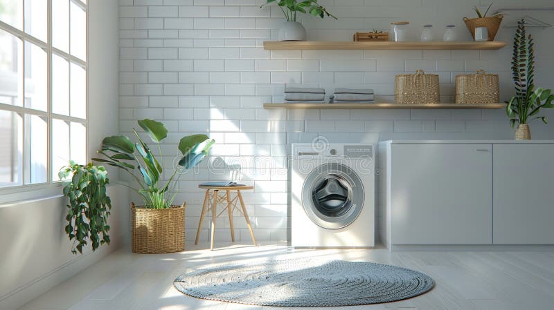 Modern Laundry Room Interior, Front-loading Washing Machine, Organized ...