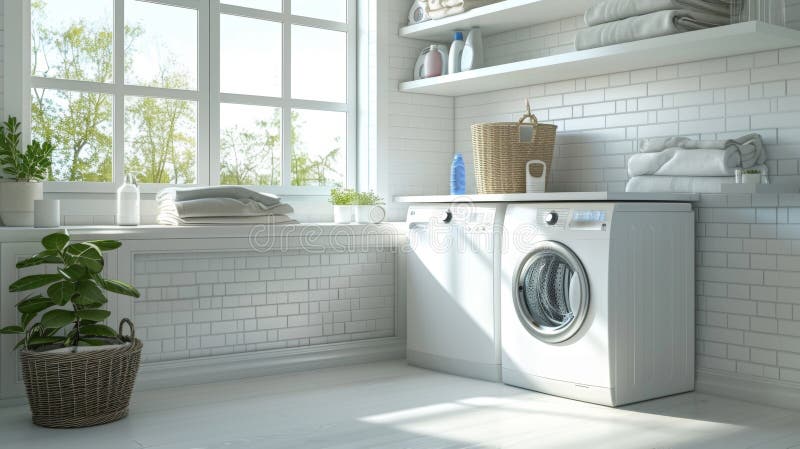 Modern Laundry Room Interior, Front-loading Washing Machine, Organized ...