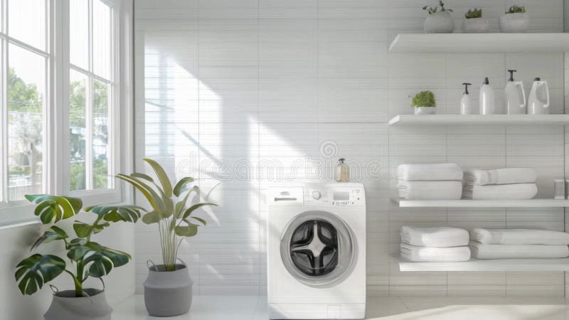 Modern Laundry Room Interior, Front-loading Washing Machine, Organized ...