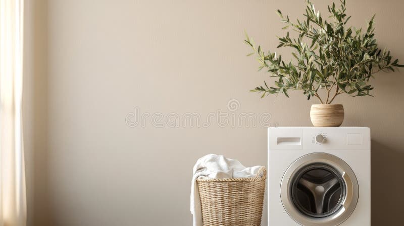 Modern Laundry Room Interior with Washing Machine and Decorative Plant ...