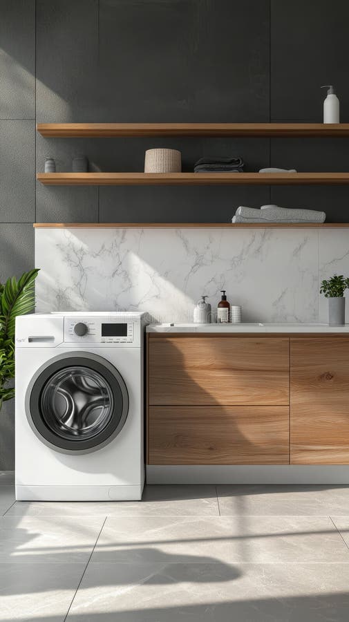 Modern Laundry Room Interior with Washing Machine, Storage, and ...