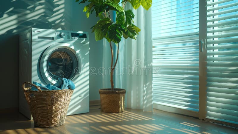 Modern Laundry Room Interior. Wicker Laundry Basket, Washing Machine ...