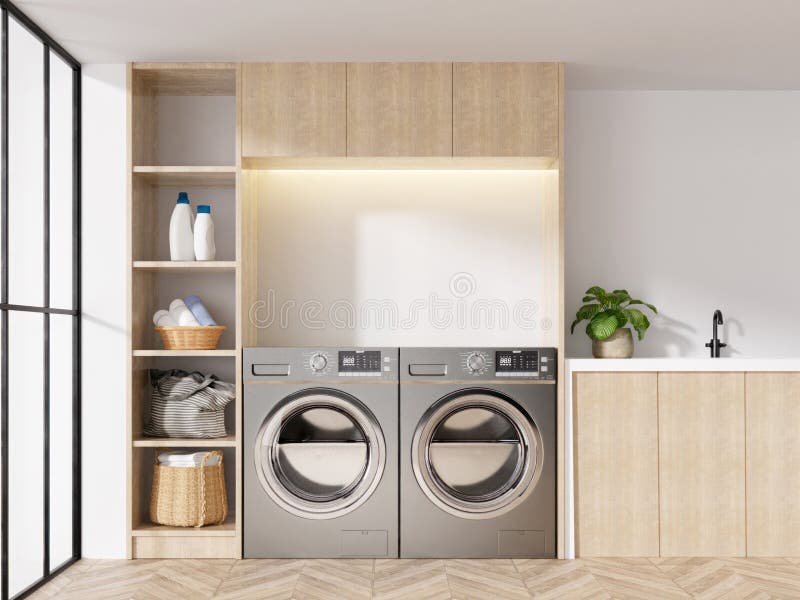 Modern Laundry Room Setup Featuring Efficient Appliances and Organized Space. 3D Render ...