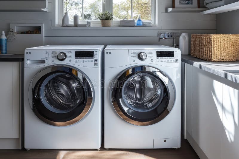 Modern Laundry Room with Stacked Washer and Dryer in Bright, Inviting ...