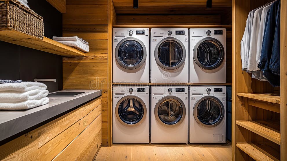 Modern Laundry Room with Stacked Washers and Dryers Stock Illustration ...