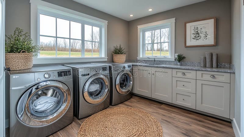 Modern Laundry Room with Stainless Steel Washer and Dryer Stock ...