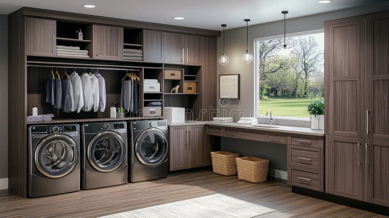 Modern Laundry Room with Washer and Dryer, Organized Cabinets, Window ...
