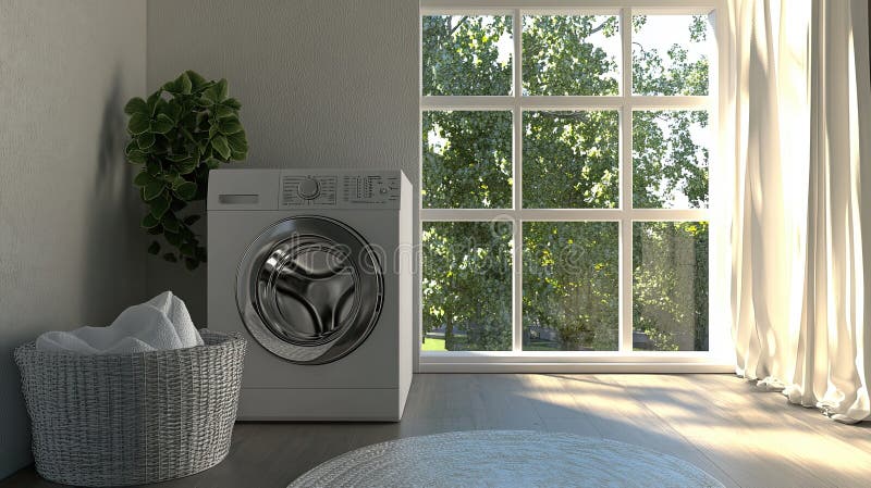 Modern Laundry Room with Washer and Window Stock Illustration ...