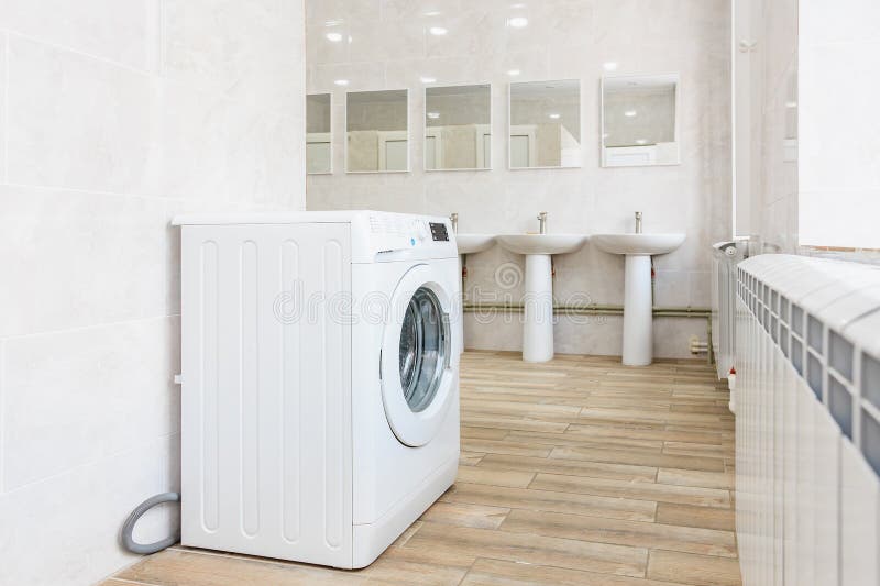Modern Laundry Room with Washing Machine and Dual Sinks in Clean ...
