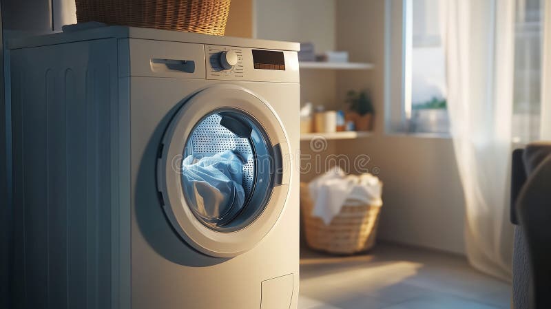 A Modern Laundry Room with a Washing Machine and Freshly Washed Clothes ...