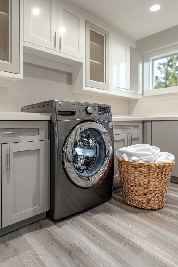 Modern Laundry Room with Washing Machine and Wicker Basket Filled with Fresh, Clean Laundry ...