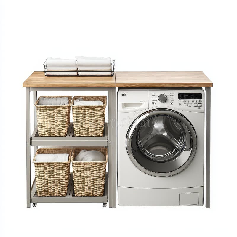 A Modern Laundry Setup Featuring a Washing Machine, Baskets, and a ...
