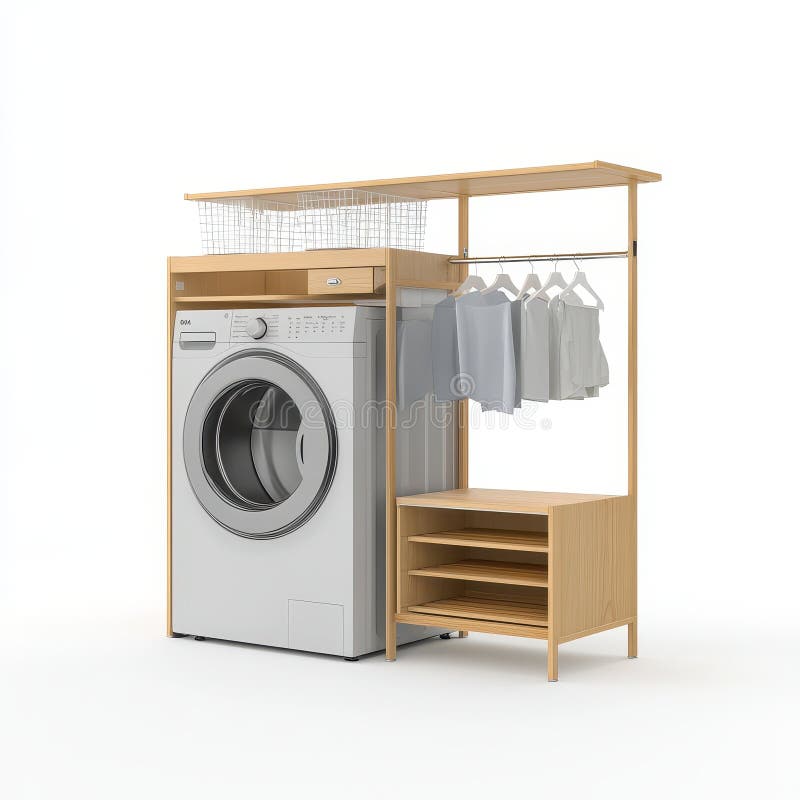 A Modern Laundry Setup Featuring a Washing Machine, Drying Rack, and ...