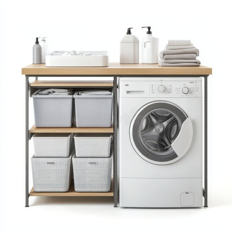 A Modern Laundry Setup Featuring a Washing Machine, Storage Baskets ...