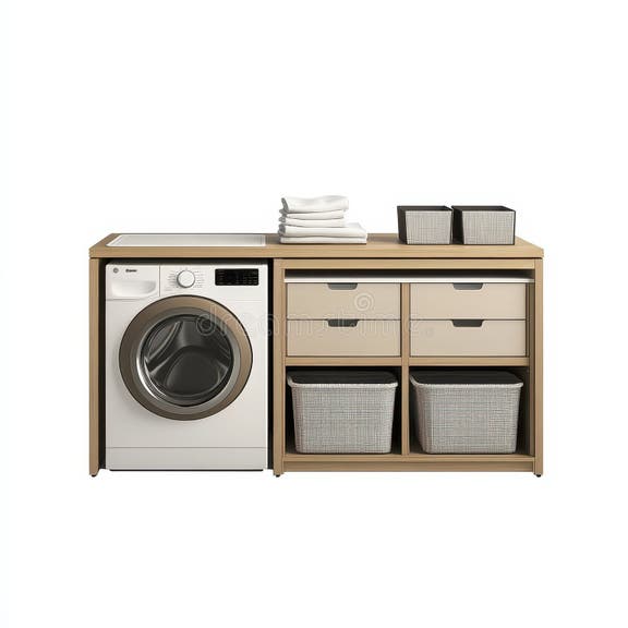 A Modern Laundry Setup Featuring a Washing Machine, Storage Drawers ...