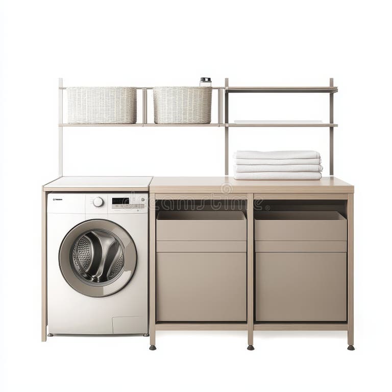 A Modern Laundry Setup Featuring a Washing Machine, Storage Shelves ...
