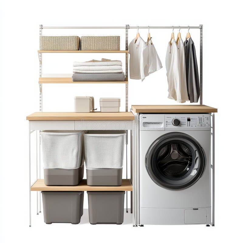A Modern Laundry Setup Featuring a Washing Machine, Storage Shelves ...