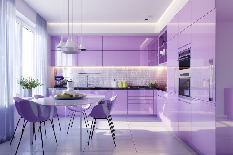 Modern Lavender Kitchen Interior with Integrated Appliances and Dining ...