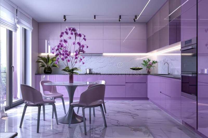 Modern Lavender Kitchen with Marble Accents and Orchids Stock Image ...