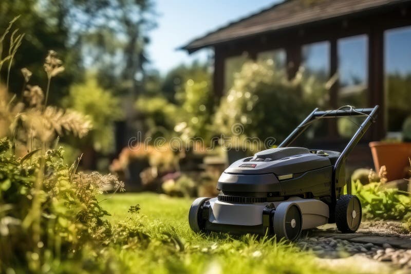 Modern Lawn Mower Green Lawn Maintenance Stock Photo - Image of ...