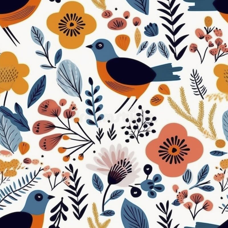 Modern Leaves, Flowers and Birds Seamless Pattern, Created with ...