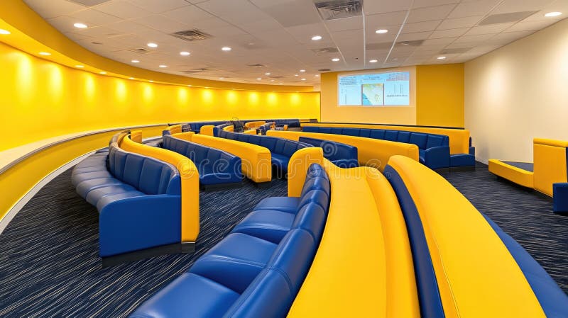Modern Lecture Hall with Blue and Yellow Seating in a Curved Design ...