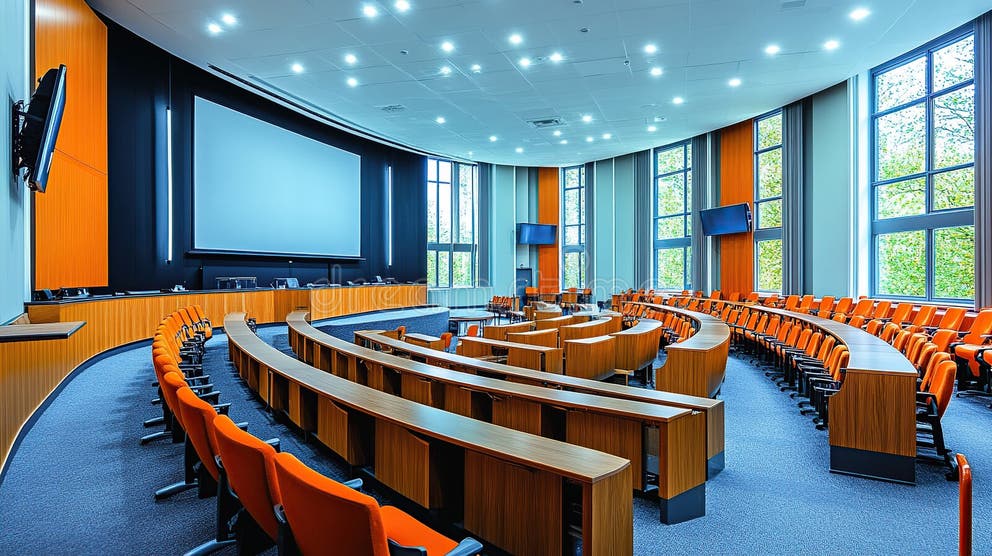 Modern Lecture Hall with Curved Seating, Projector Screen, and Large ...