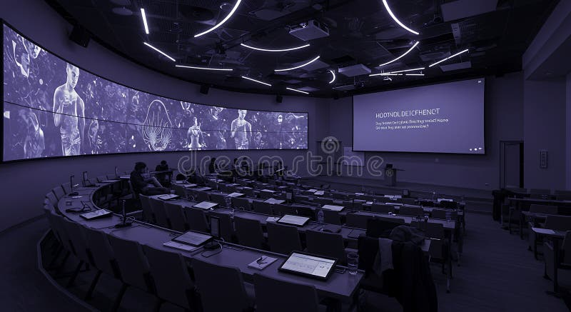 Modern Lecture Hall with Large Curved Screen Display Stock Illustration ...
