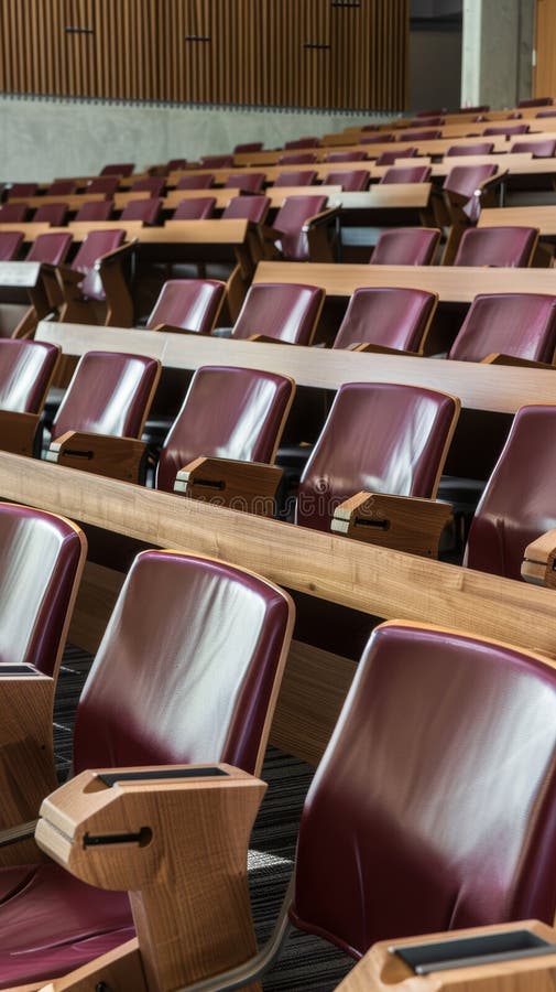 Modern Lecture Hall with Rows of Empty Red Chairs and Wooden Desks in ...