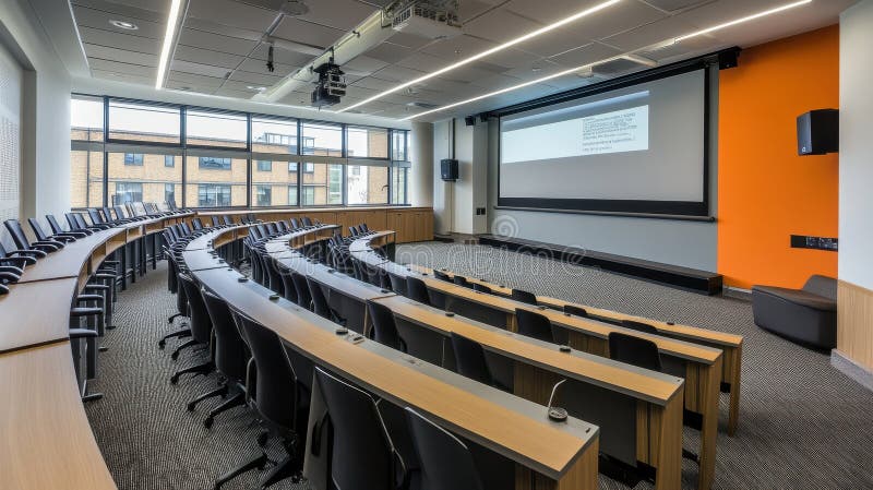 Modern Lecture Hall with Tiered Seating and a Projector Screen for ...