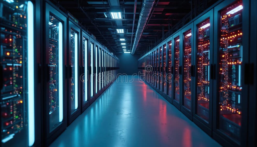 Modern LED Console Rack in Server Room Data Center. Connectivity ...