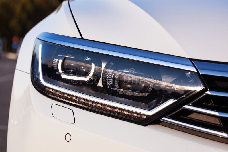 Modern LED Headlight on a White Car, Close Up Stock Image - Image of ...