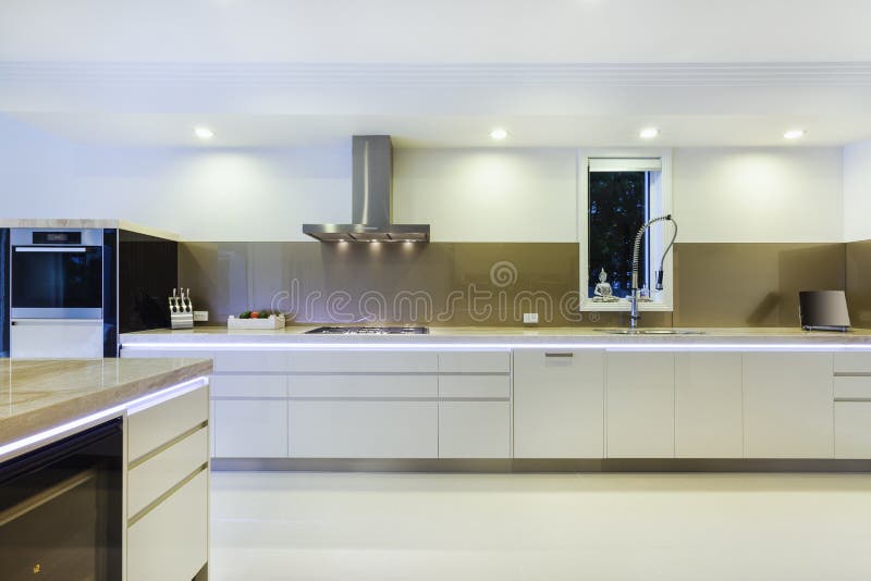 Modern Luxury Kitchen with White LED Lighting Stock Image - Image of ...