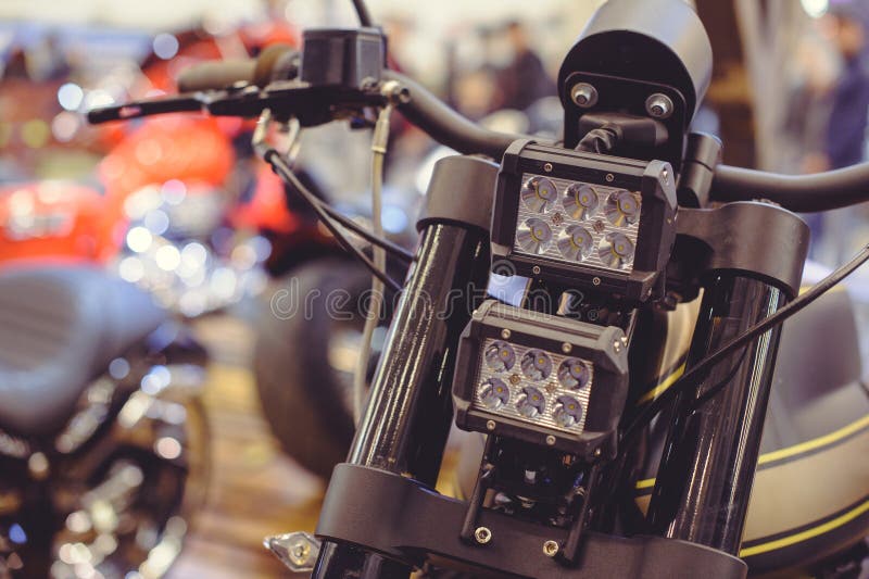 Modern LED Motorcycle Headlight, Close-up on the Front Stock Image ...