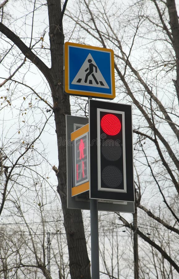 Modern LED Traffic Light Glows Red and the Pedestrian Crossing S Stock ...