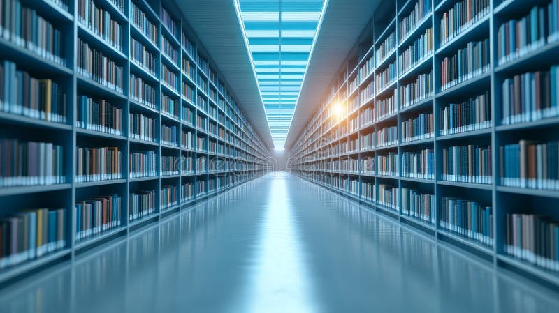 Modern Library Aisle with Endless Bookshelves Stock Illustration ...