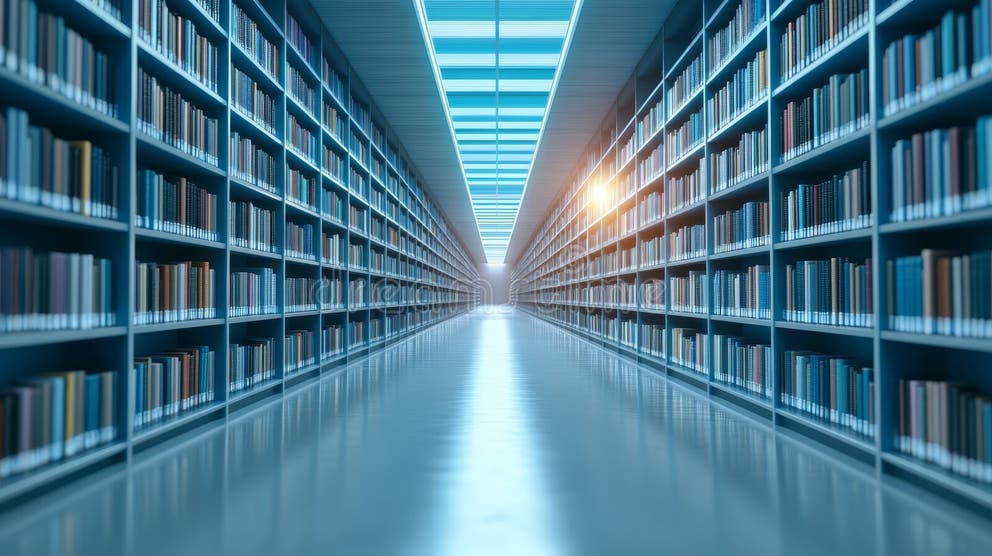 Modern Library Aisle with Endless Bookshelves Stock Illustration ...
