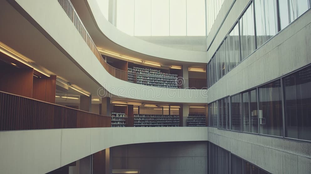 Modern Library Atrium, Bookshelves, Sunlight, Learning Stock Image ...