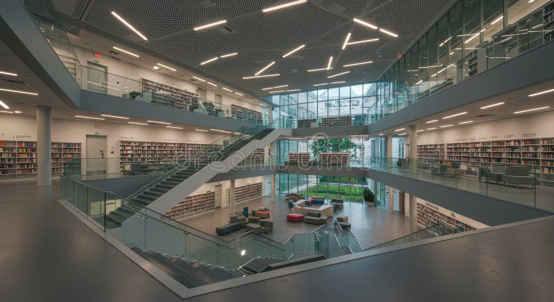 Modern Library Atrium with Glass Balconies and Shelves of Books in ...