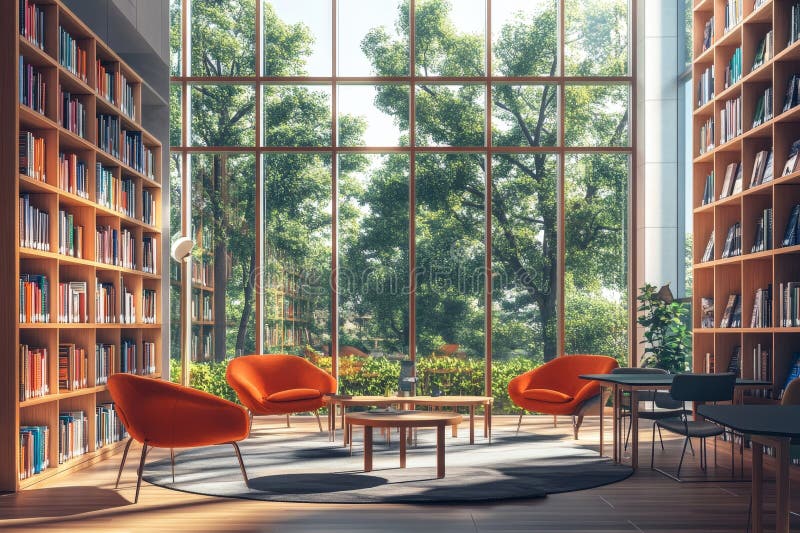 Modern Library and Bookstore with Coworking Spaces, Relaxation Areas ...