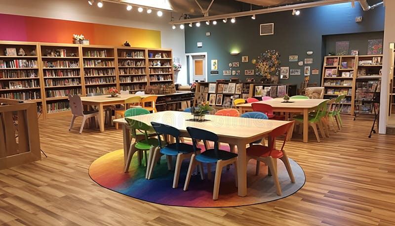 Modern Library with Bright, Multi Colored Bookshelf, Table, and Chair ...