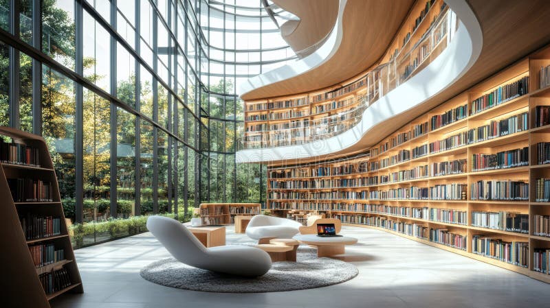 Modern Library with Chairs and Reading Tables 3D Render Stock ...