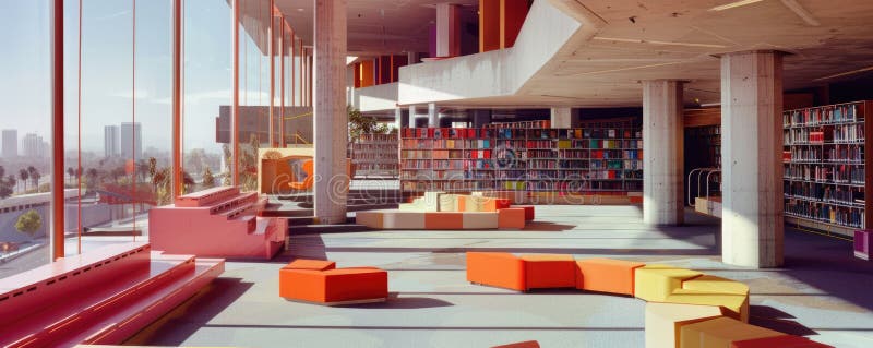 Modern Library with Colorful Ceilings, Large Windows, Natural Light ...