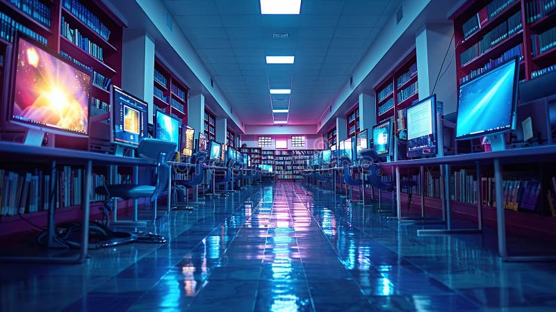 Modern Library with Computers Stock Illustration - Illustration of ...