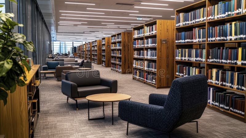 Modern Library Design Rows of Bookshelves in Cozy Space Urban Setting Interior Photography ...