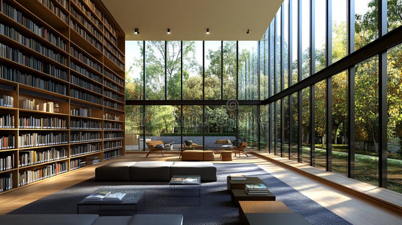 Modern Library with Expansive Windows, Reading Areas.. Stock Photo - Image of education, design ...