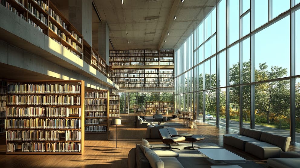 Modern Library with Expansive Windows, Reading Areas.. Stock Image ...