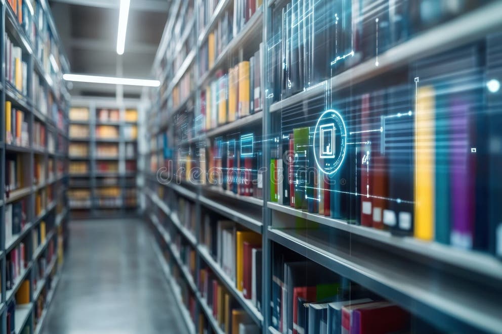 Modern Library Featuring Digital Interface and Shelves Filled with Colorful Books Stock Image ...